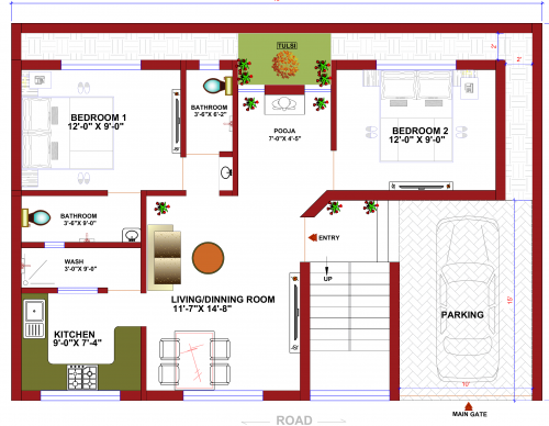 28*40 House plan, 1120 SqFt Floor Plan duplex Home Design- 3377