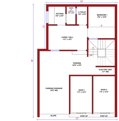 24*38 House plan, 912 SqFt Floor Plan triplex Home Design- 3468
