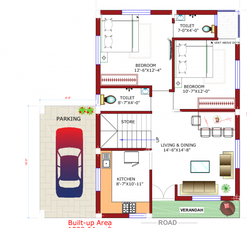 25*36 House plan, 900 SqFt Floor Plan duplex Home Design- 7688