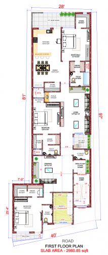 28*97 House plan, 2716 SqFt Floor Plan duplex Home Design- 7331
