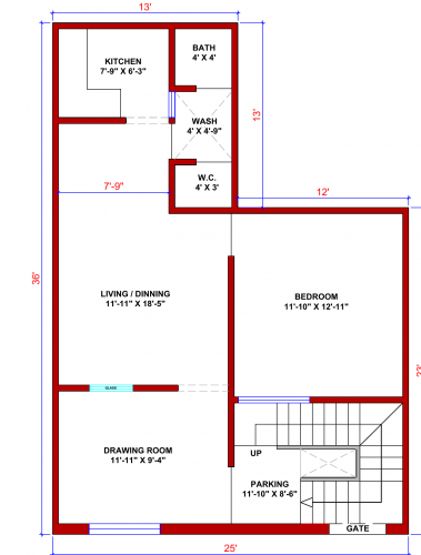 25*36 House plan, 900 SqFt Floor Plan duplex Home Design- 3134