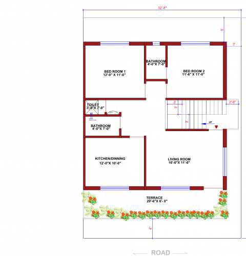 32*42 House plan, 1344 SqFt Floor Plan duplex Home Design- 3466