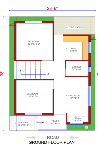 28*38 House plan, 1064 SqFt Floor Plan duplex Home Design- 3902