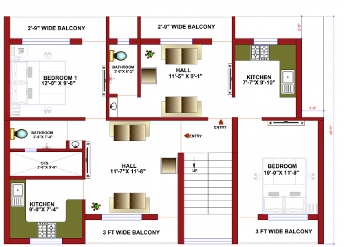 28*40 House plan, 1120 SqFt Floor Plan duplex Home Design- 3377