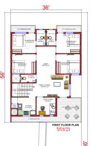 36*56 House plan, 2016 SqFt Floor Plan duplex Home Design- 7083