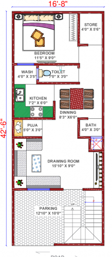 16*43 House plan, 688 SqFt Floor Plan triplex Home Design- 6797