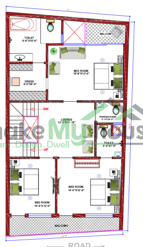 27*49 House plan, 1323 SqFt Floor Plan duplex Home Design- 6074