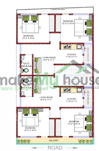 28*49 House plan, 1372 SqFt Floor Plan duplex Home Design- 7236