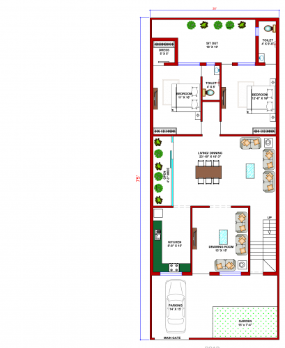 30*75 House plan, 2250 SqFt Floor Plan singlex Home Design- 228