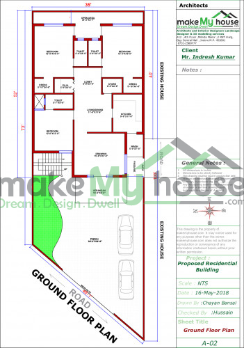 35*70 House plan, 2450 SqFt Floor Plan singlex Home Design- 2102