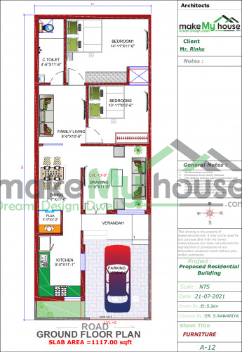 21*55 House plan, 1155 SqFt Floor Plan singlex Home Design- 7857