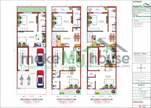 20*60 House plan, 1200 SqFt Floor Plan triplex Home Design- 8379