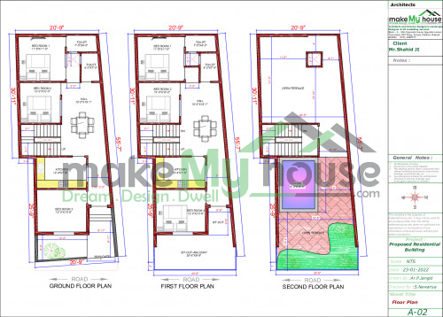 22*56 House plan, 1232 SqFt Floor Plan triplex Home Design- 9660