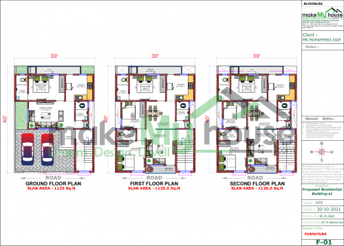 30*40 House plan, 1200 SqFt Floor Plan triplex Home Design- 9778