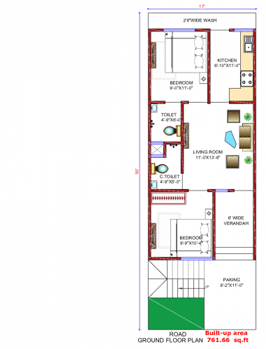 17*45 House plan, 765 SqFt Floor Plan singlex Home Design- 4205