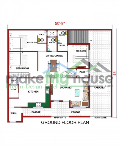 Buy 50x40 House Plan | 50 by 40 Elevation Design | Plot Area Naksha