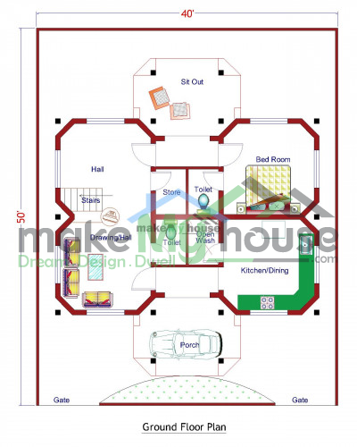 Buy 40x50 House Plan | 40 by 50 Elevation Design | Plot Area Naksha