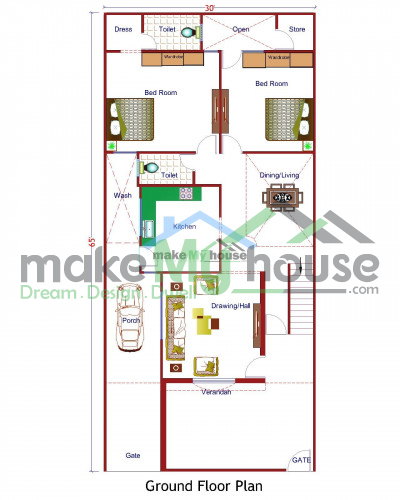 Buy 30x65 House Plan | 30 by 65 Elevation Design | Plot Area Naksha