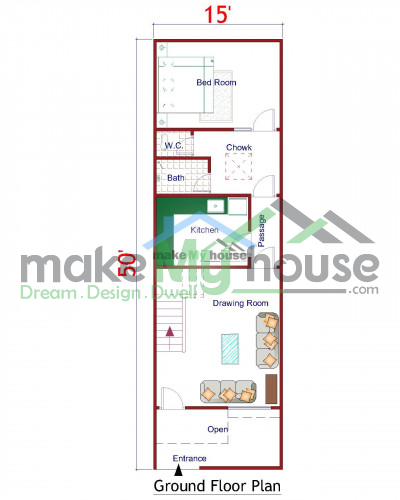 Buy 15x50 House Plan | 15 by 50 Elevation Design | Plot Area Naksha