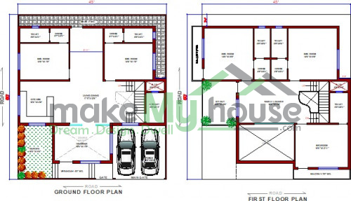 Buy 45x50 House Plan | 45 by 50 Elevation Design | Plot Area Naksha