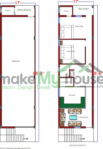 Buy 65x17 House Plan | 65 by 17 Elevation Design | Plot Area Naksha