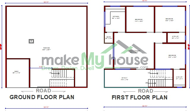 Buy 33x33 House Plan | 33 by 33 Elevation Design | Plot Area Naksha