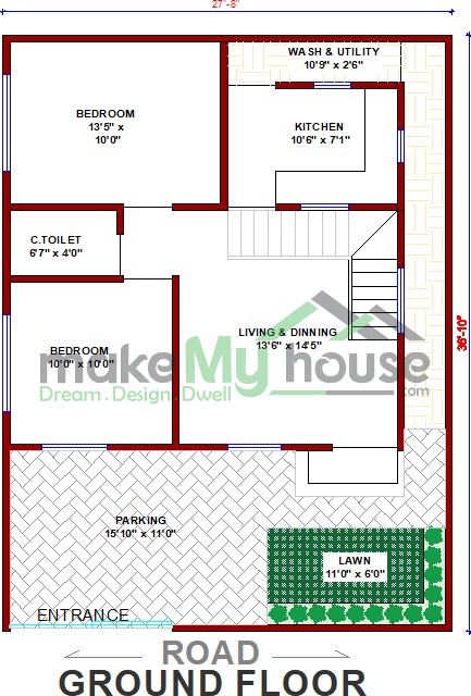 Buy 27x36 House Plan | 27 by 36 Elevation Design | Plot Area Naksha